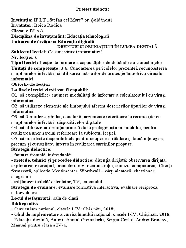 Proiect Didactic Laed. Digitala Clasa A Iva. Lectia 7 Ce Sunt Virusii Informatici | PDF