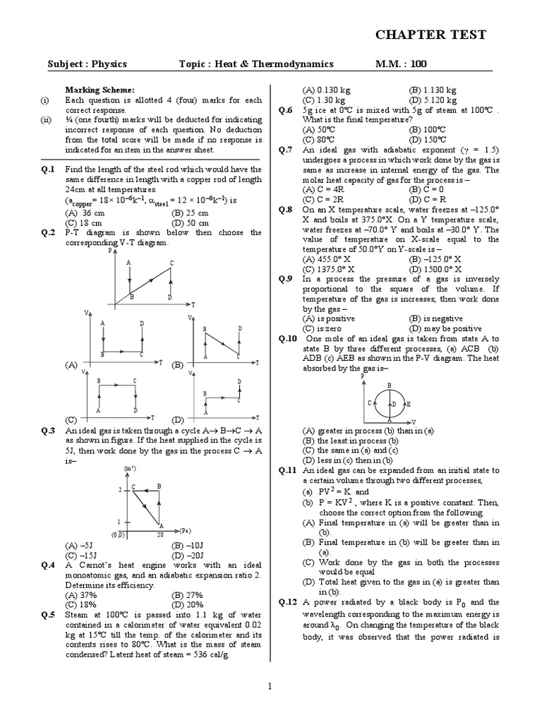 12-Chapter Test (Heat & Thermodynamics) | PDF | Gases | Heat