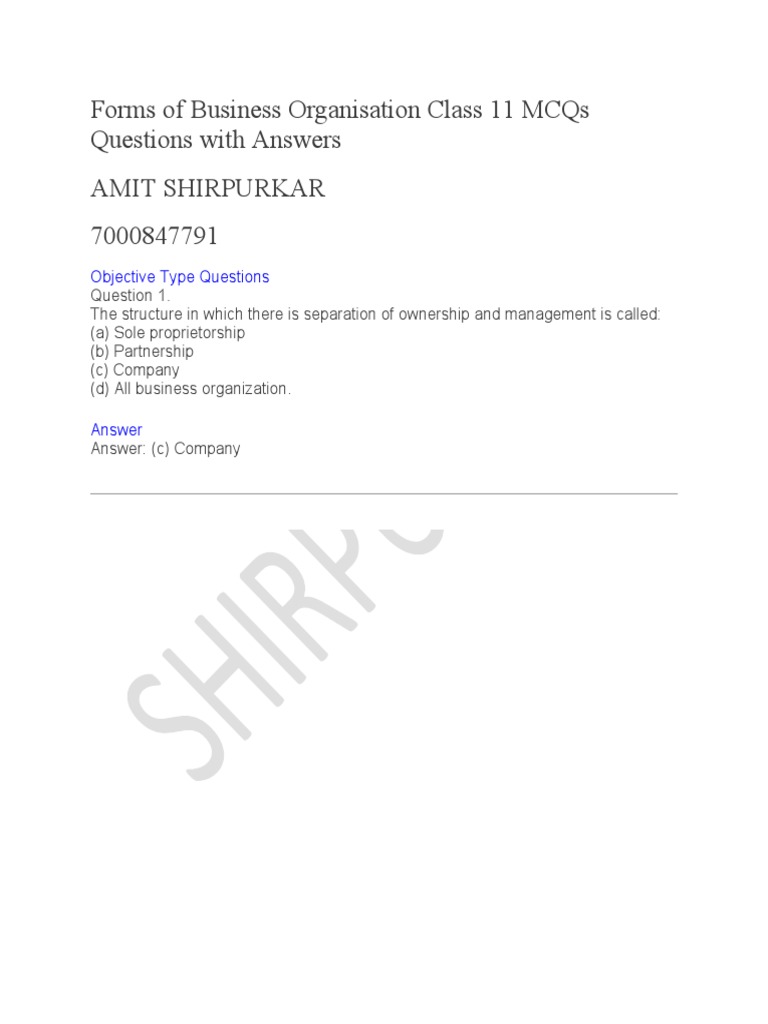 Forms of Business Organisation Class 11 MCQs Questions With Answers ...