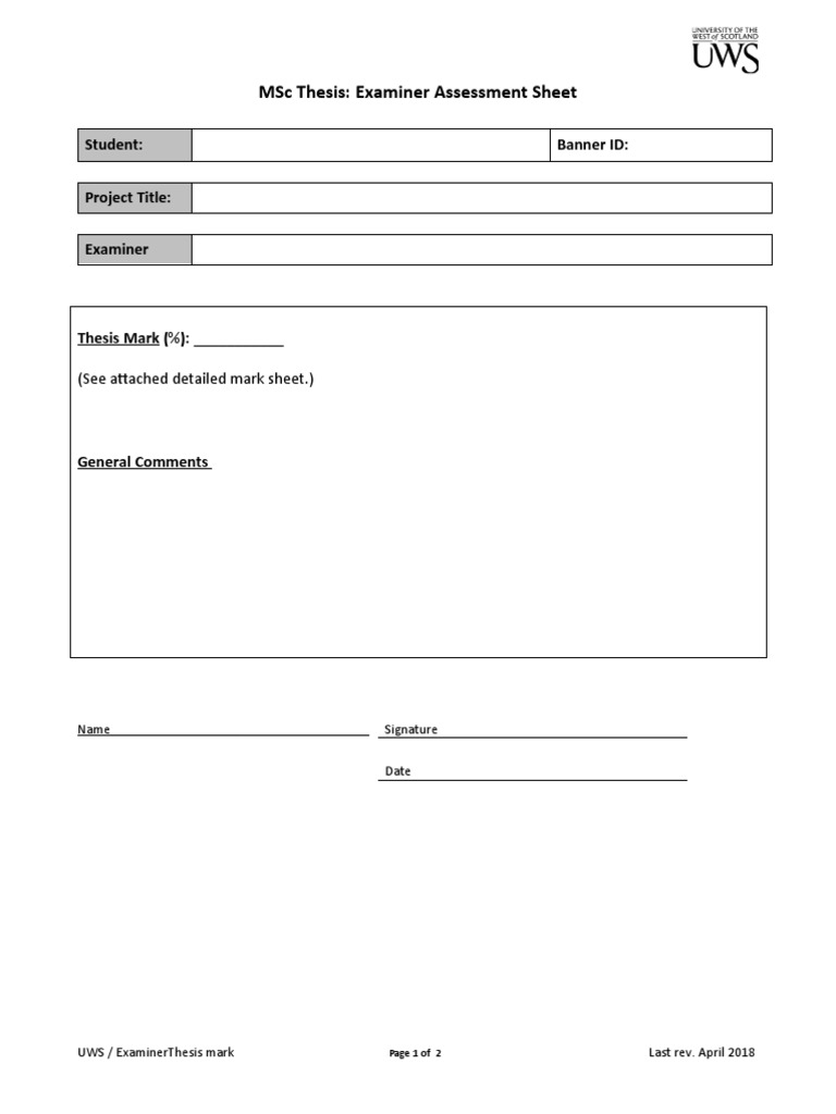 MSc Thesis Examiner Assessment Sheet | PDF | Thesis | Evaluation