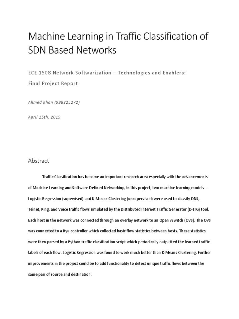 Machine Learning in Traffic Classification of SDN - Final Project Report | PDF | Computer ...