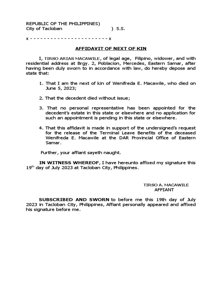 Affidavit of Next of Kin (Macawile) | PDF