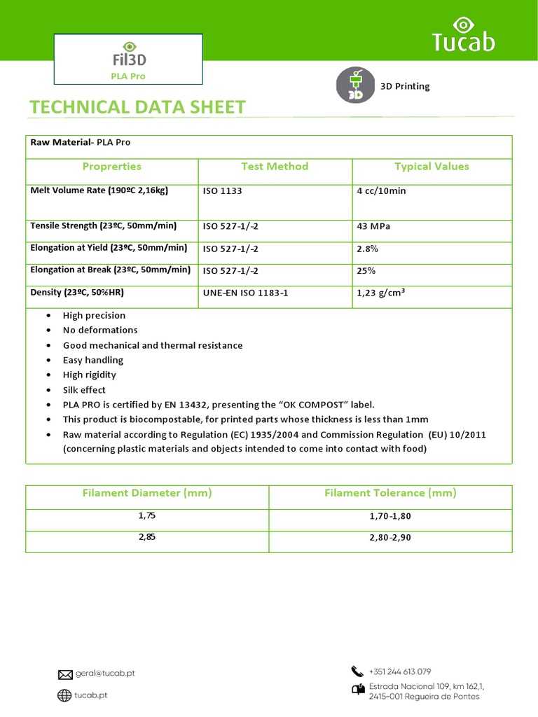 Fil3D PLA Pro Datasheet | PDF | 3 D Printing | Density