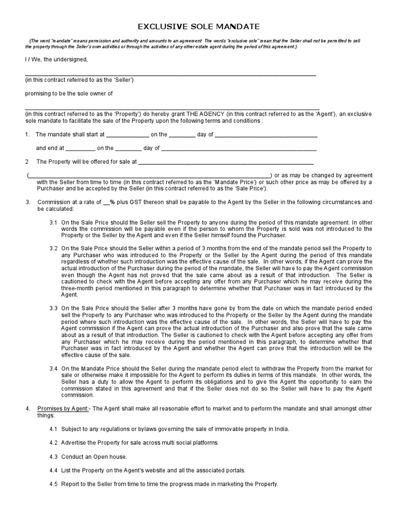 Exclusive Sole Mandate | PDF | Sales | Property