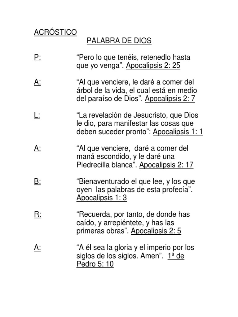 Acrostico Palabra de Dios - 13 | PDF | Libro de revelación | Creencia ...