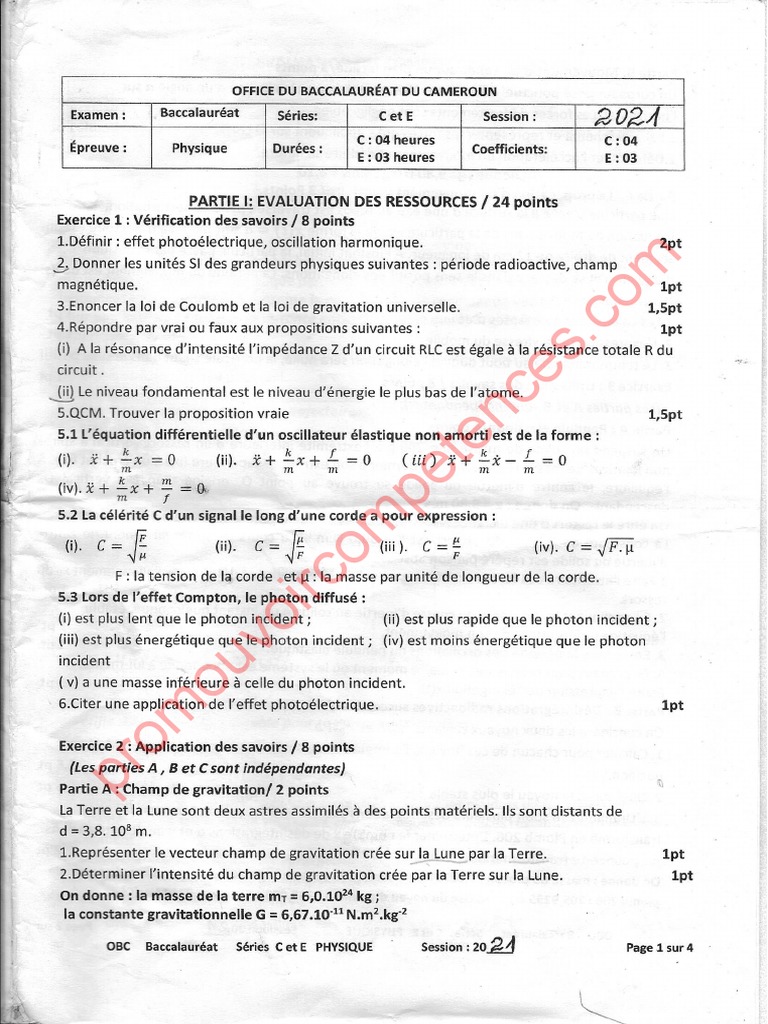 Epreuve Physique Baccalaureat C e Juin 2021 Cameroun Promouvoircompetences Com. | PDF