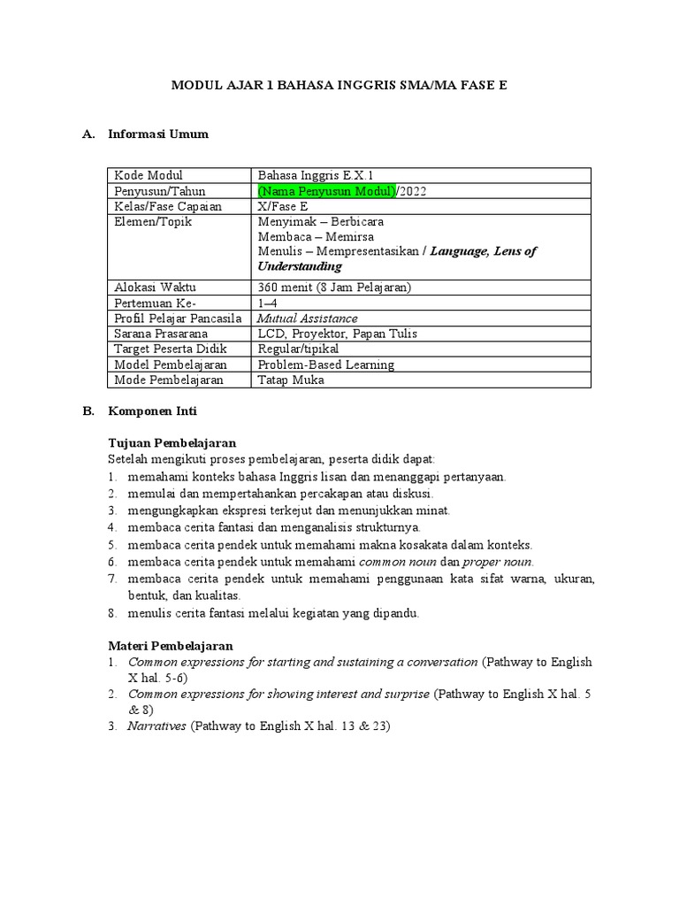 MODUL AJAR/Copy of UNIT 1 - MODUL AJAR Pathway To English SMA GRADE X | PDF