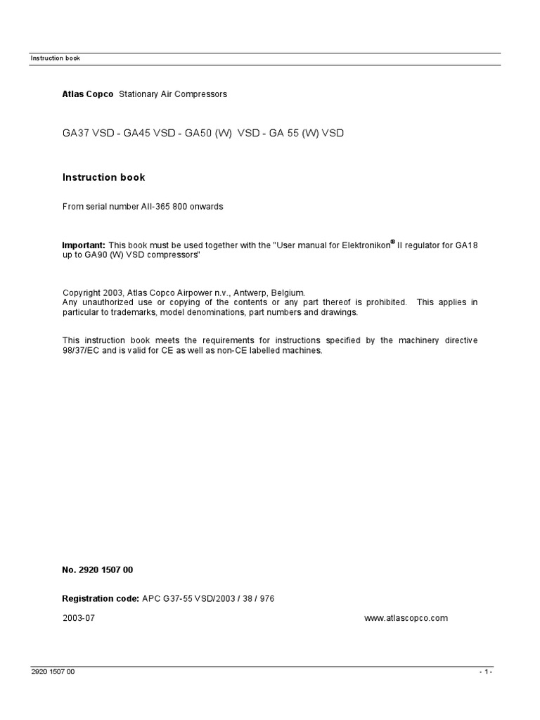 Ga37 VSD - Ga45 VSD - Ga50 (W) VSD - Ga 55 (W) VSD: Instruction Book ...