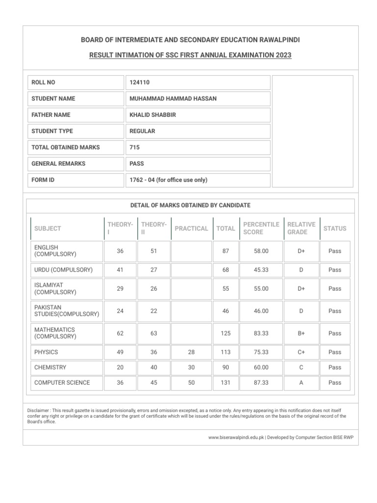 Result - Board of Intermediate and Secondary Education Rawalpindi | PDF
