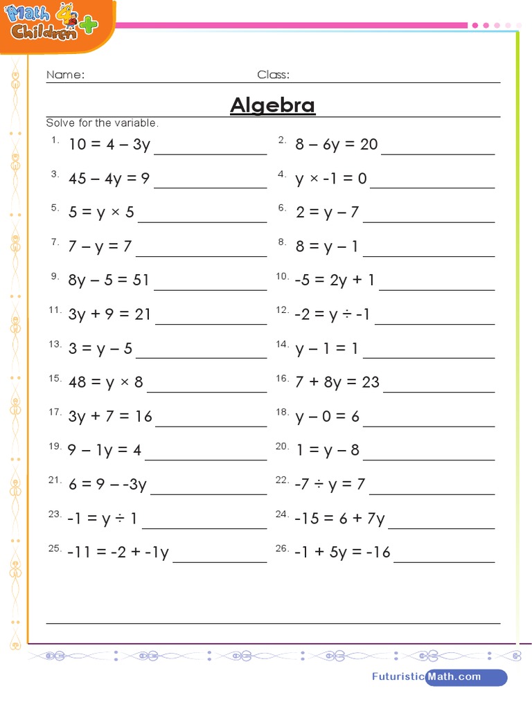 Algebra Equations Worksheet | PDF