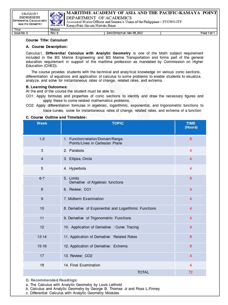 Calculus1 Inro, CO, Schedule | PDF | Function (Mathematics) | Analytic ...