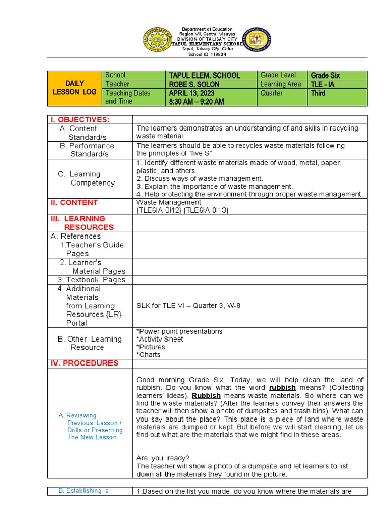 Detailed Lesson Plan For Grade 6 TLE | PDF | Waste | Greenhouse Effect