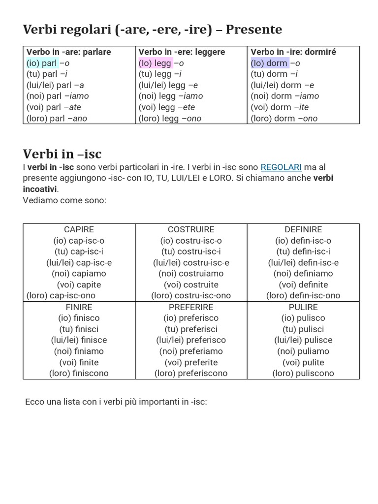 Verbi Regolari Presente | PDF