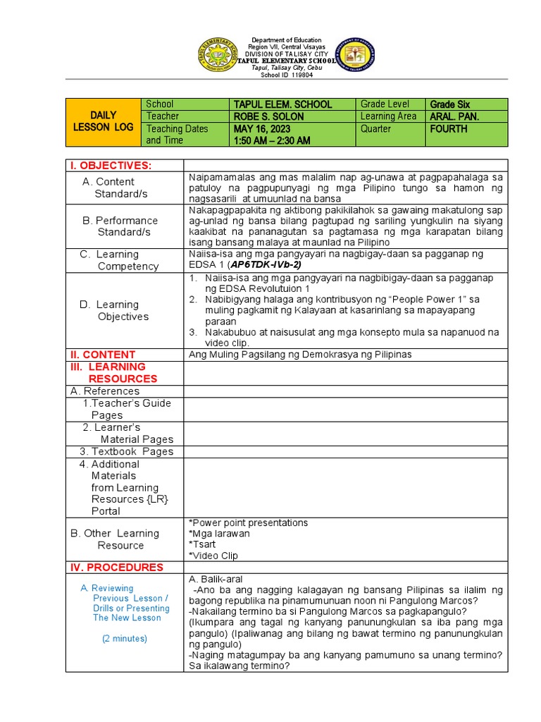 Detailed Lesson Plan - AP6 | PDF