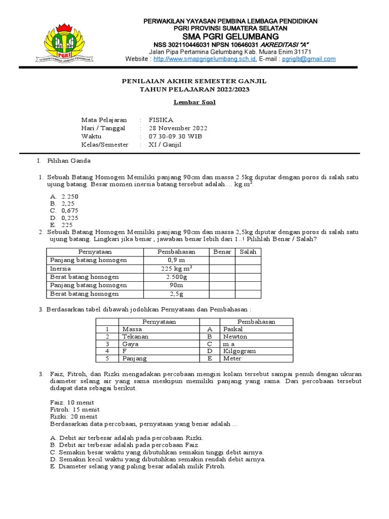 Soal Pas Fisika 11 Ganjil | PDF