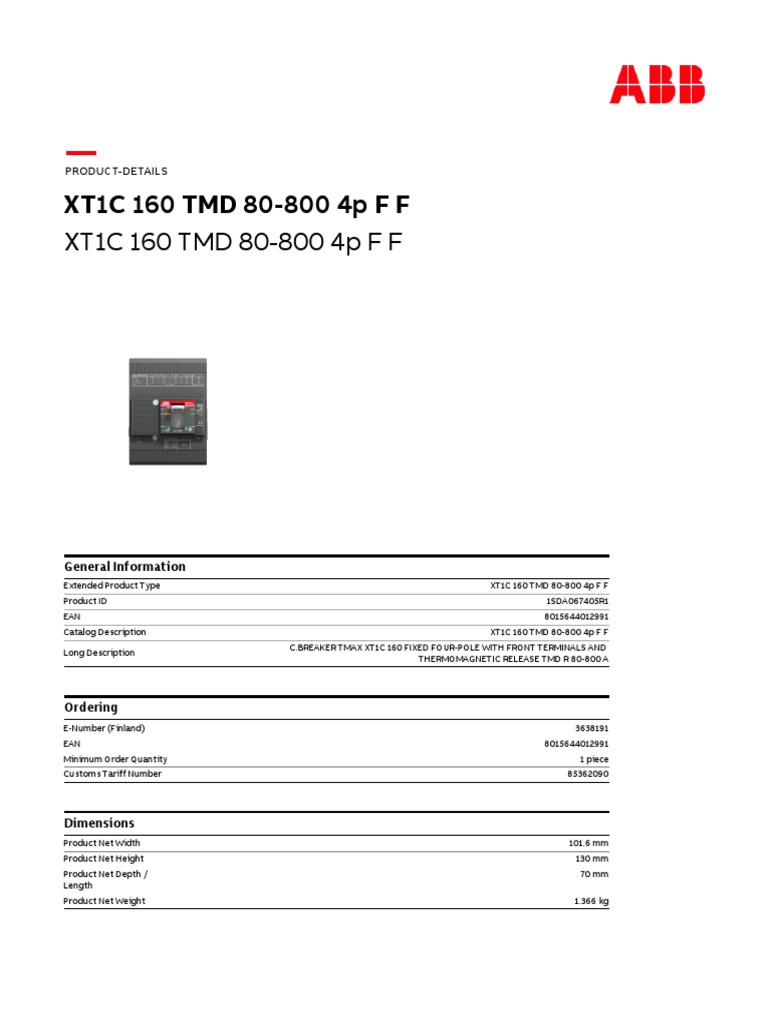 XT1C 160 TMD 80-800 Circuit Breaker | PDF | Electrical Components ...
