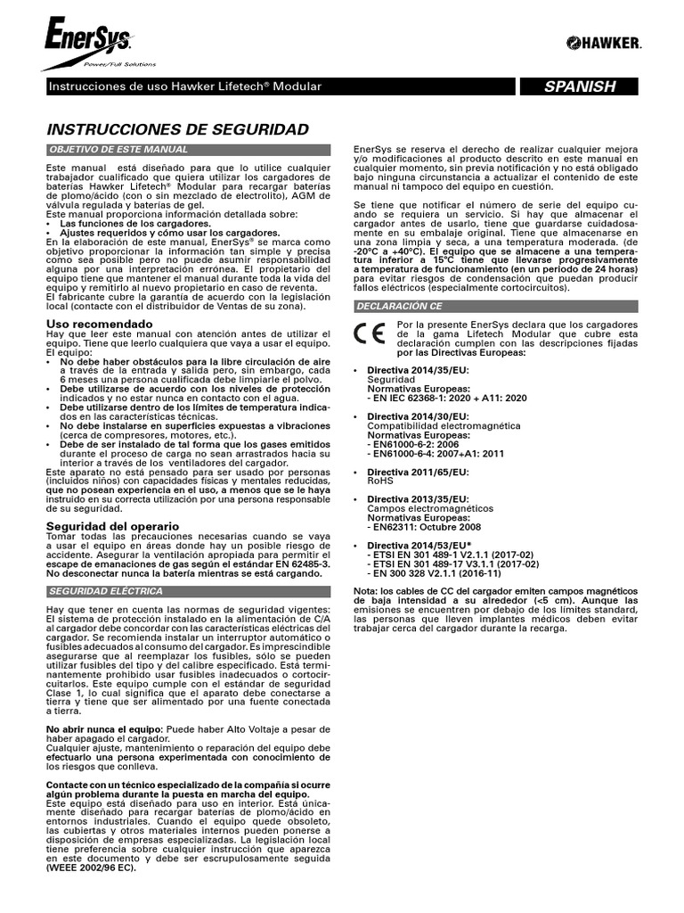 Hawker Lifetech Modular Instructions Spanish 0521 | PDF | Cargador de ...