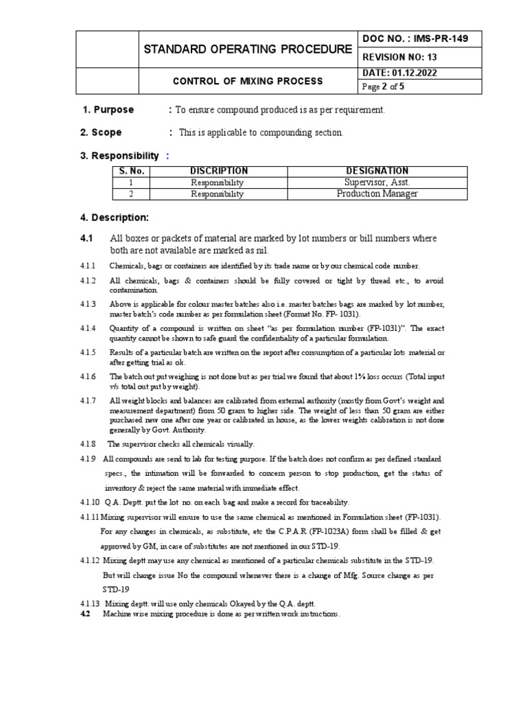 SOP For Control of Mixing1 | PDF