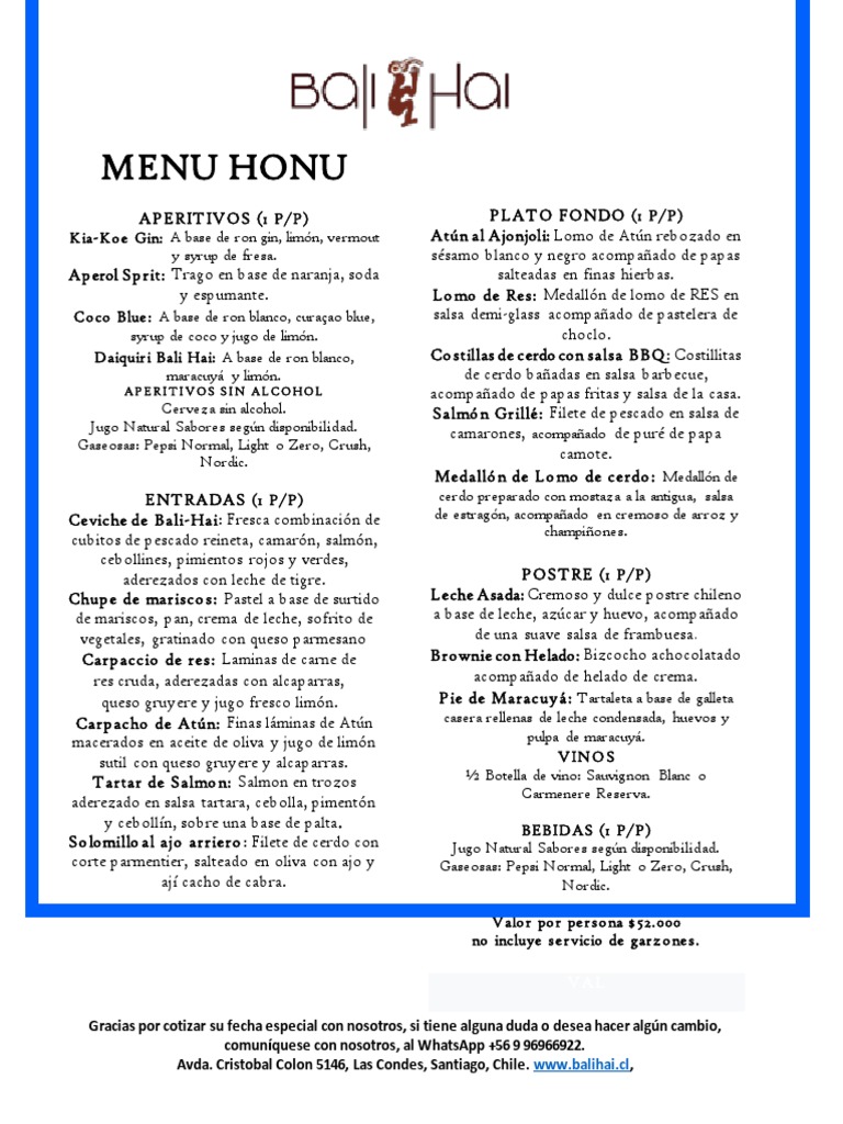 Menu Honu Bali-Hai 2023-2024. Español | PDF | Mariscos | Salsa