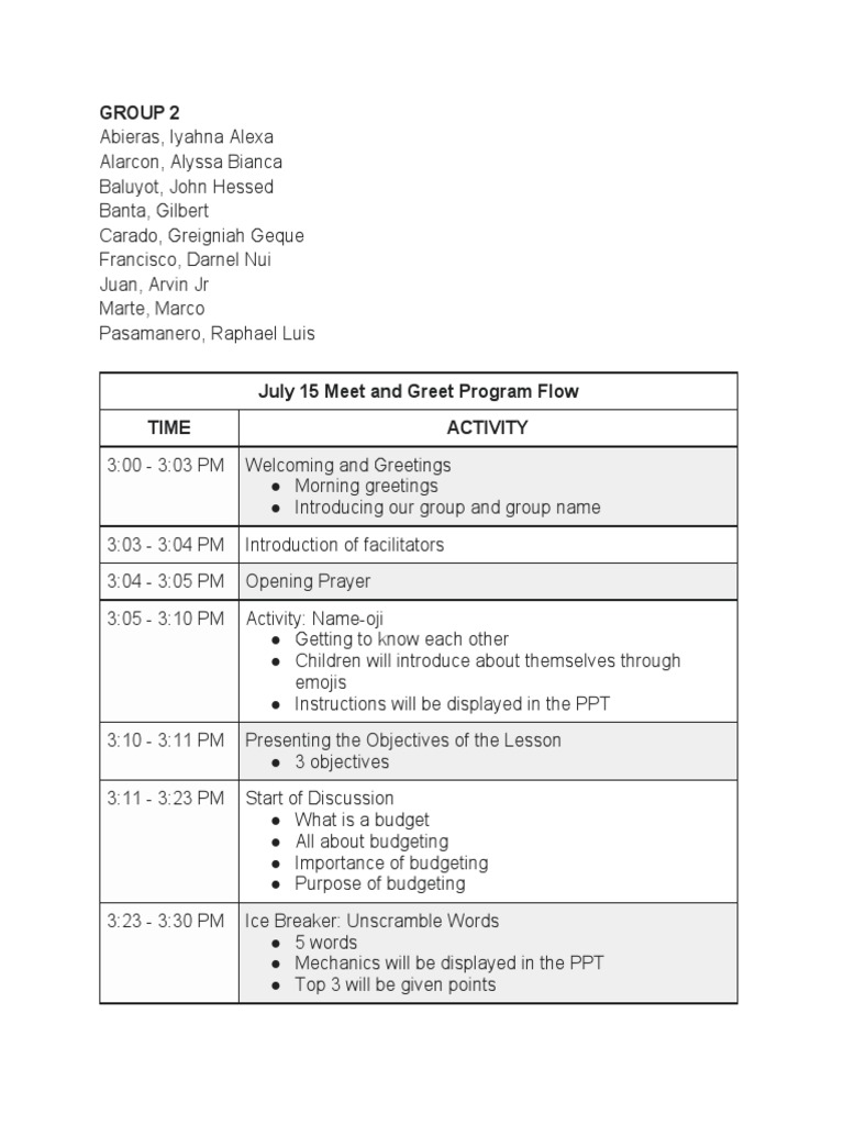 GROUP 2_July 15 Meet and Greet Program Flow | PDF