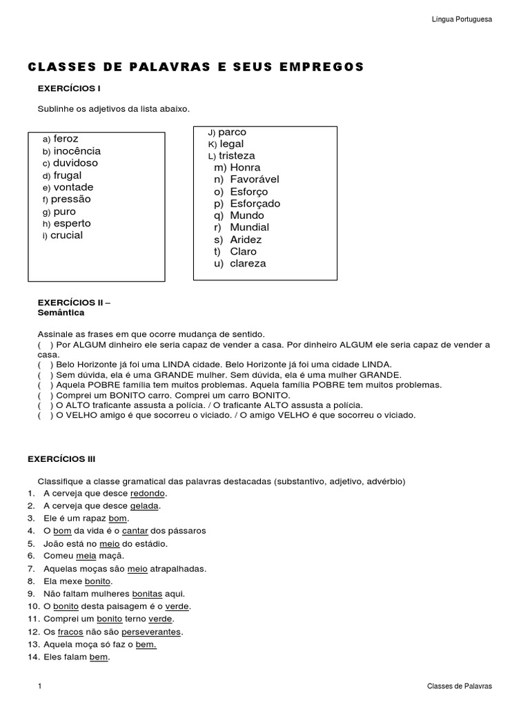 Classes de Palavras 1 Série | PDF | Pronome | Classe gramatical