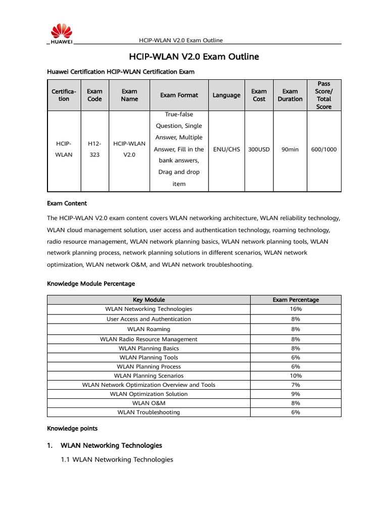 Hcip-Wlan v2.0 Exam Outline | PDF
