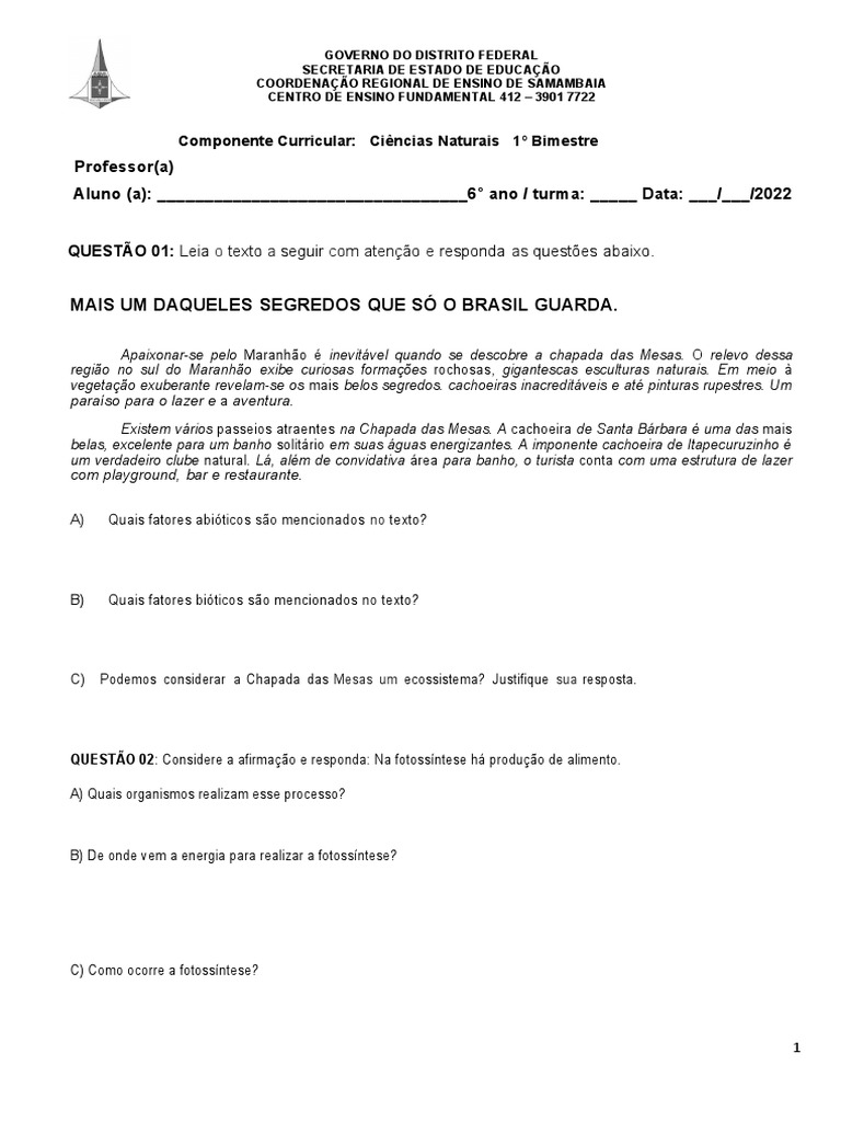 Atividade Biótico e Abiótico | PDF