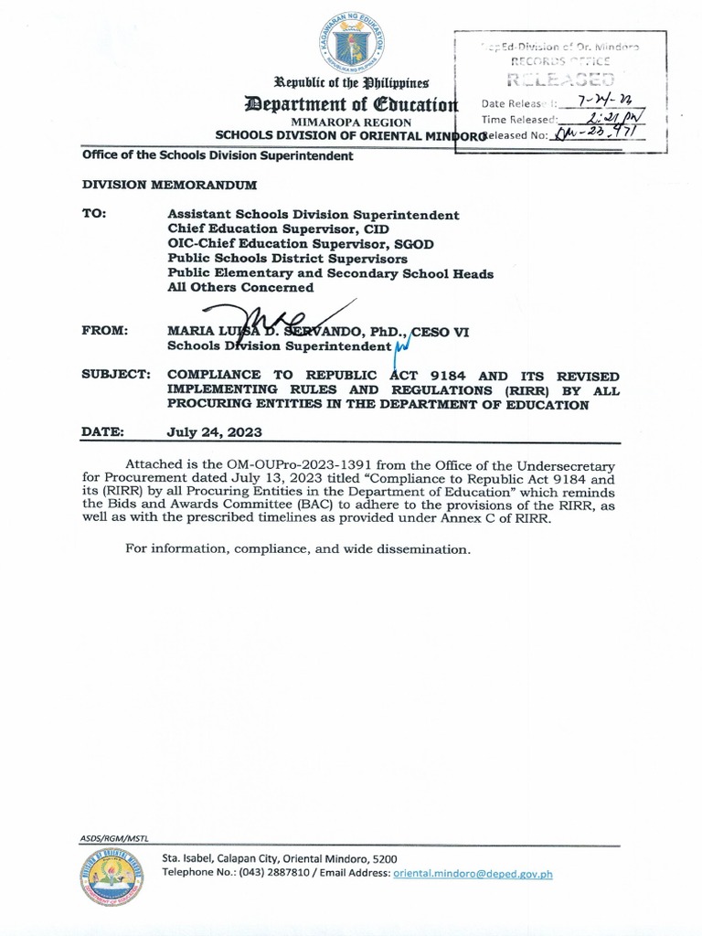 Compliance To Republic Act 9184 and Its Revised Implementing Rules and Regulations (RIRR) by All ...