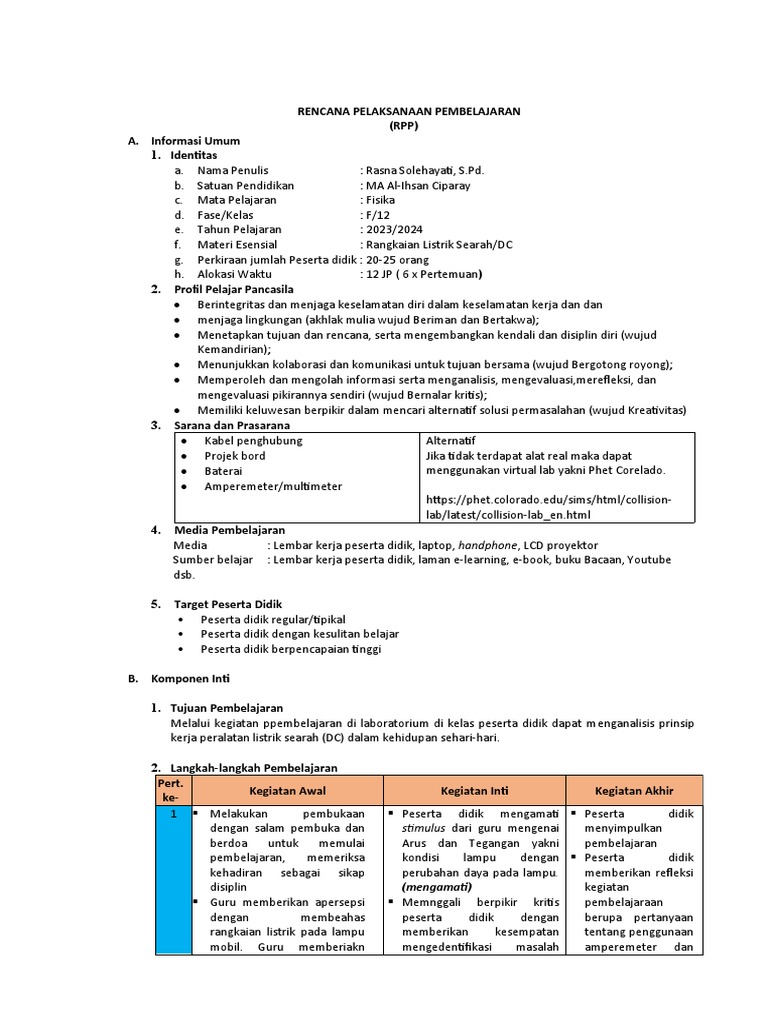 RPP Fisika Kelas Xii Tp. 2023-2024 | PDF