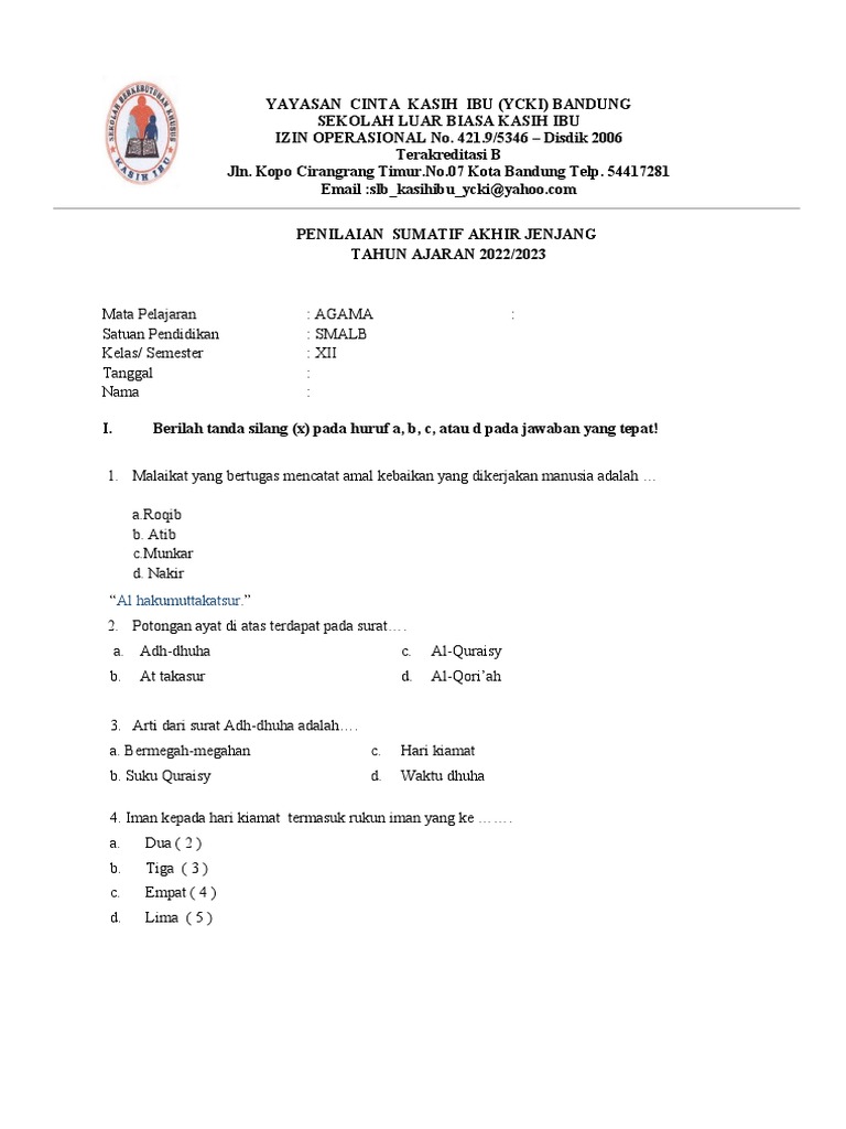 Soal Agama Psaj Kelas 12 2023 | PDF