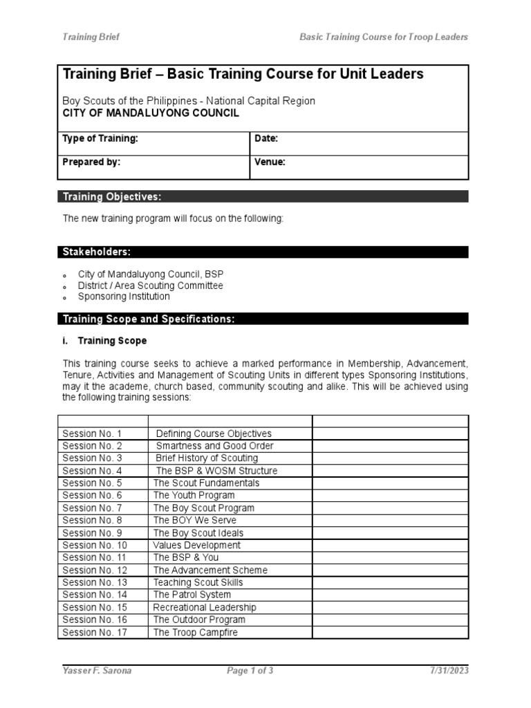 Training Brief BTC TL | PDF | Scouting | Boy Scouts Of America