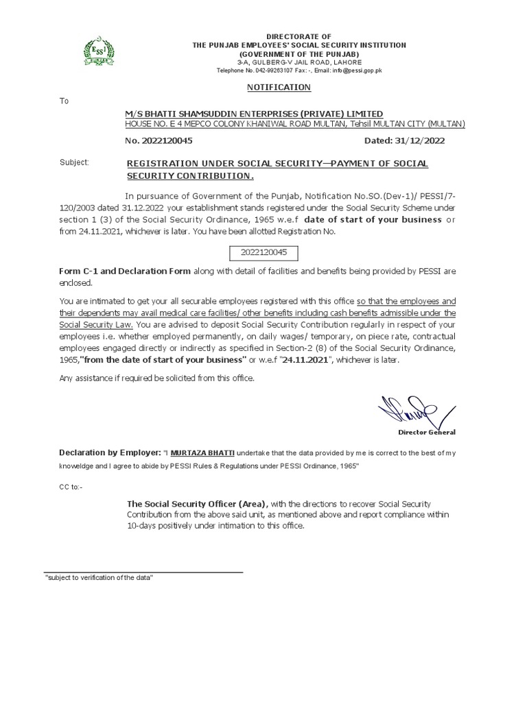 PESSI Registration and Contribution Notification | PDF