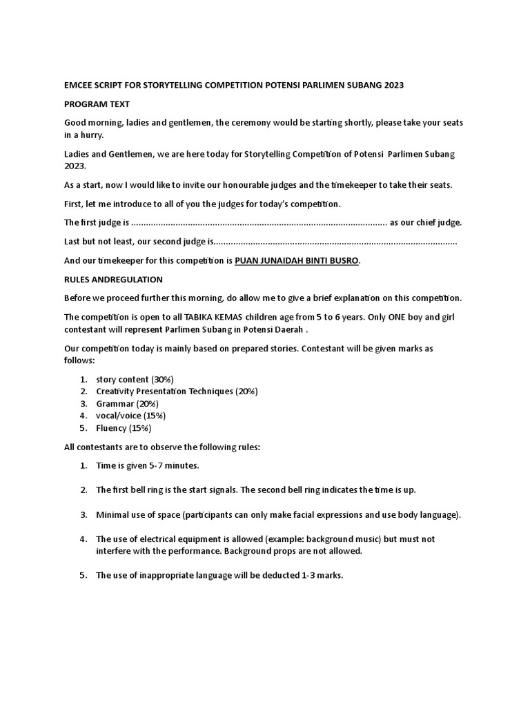 Emcee Script For Storytelling Competition Potensi Parlimen Subang 2023 | PDF