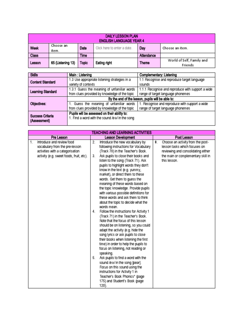 Year 4 English Lesson Plans: Eating Right | PDF | Lesson Plan | Teachers