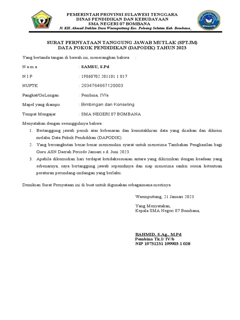 Surat Pernyataan Mutlak Tamsil | PDF