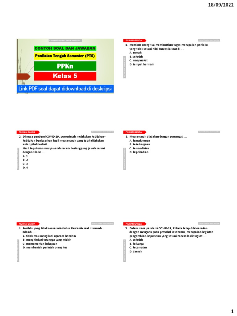 Contoh Soal PTS PPKN Kelas 5 Semester Ganjil TP 2022-2023 | PDF