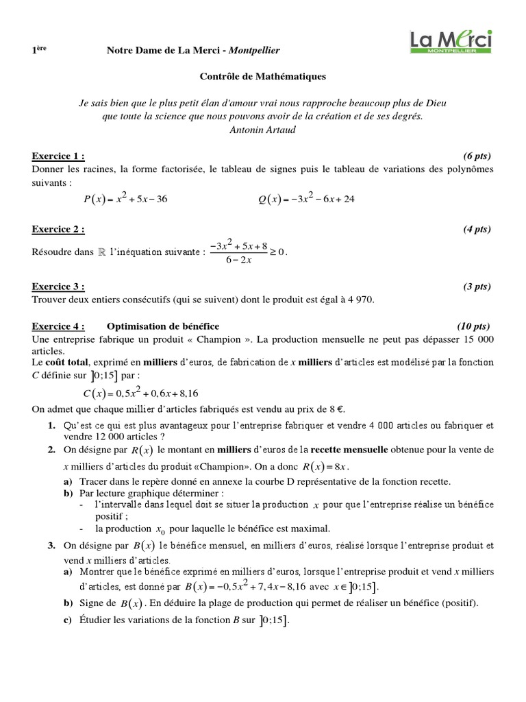 Contrôle de Maths - Notre Dame de La Merci | PDF | Zéro d'une fonction ...