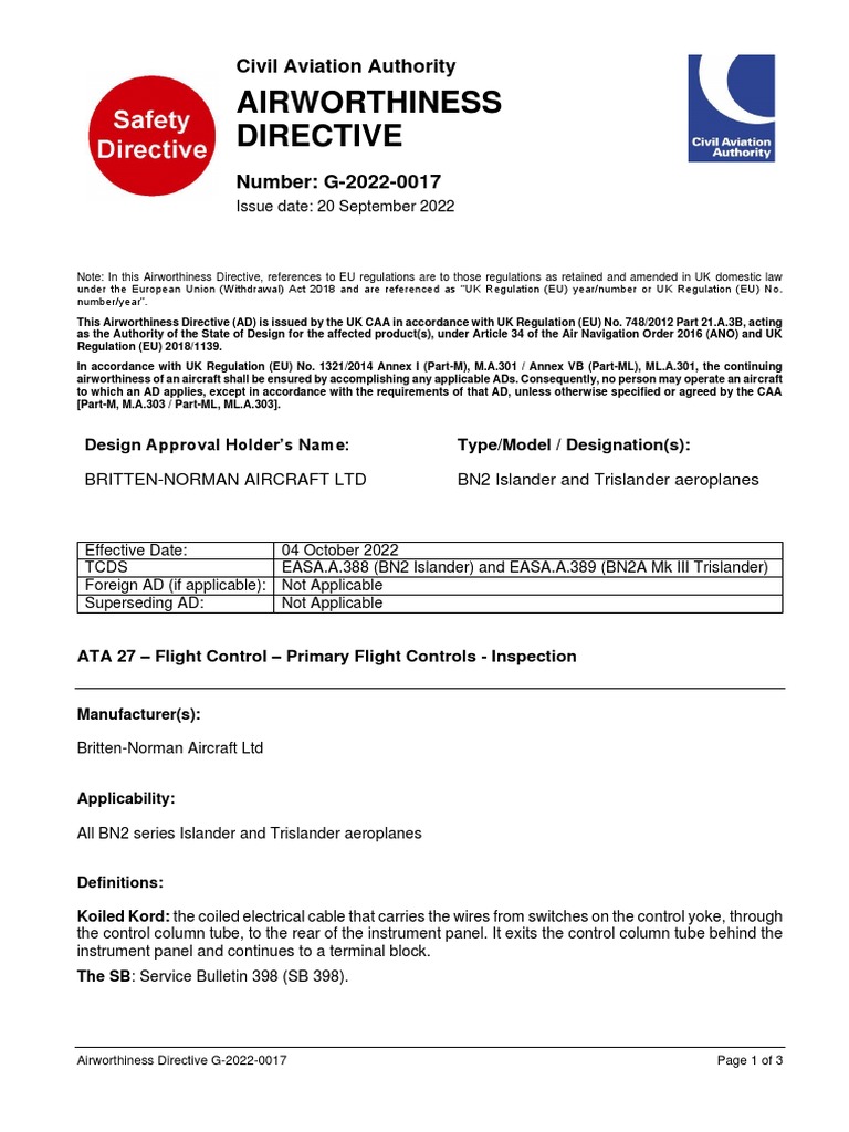 Airworthiness Directive G-2022-0017: BN2 Inspection | PDF | Business ...