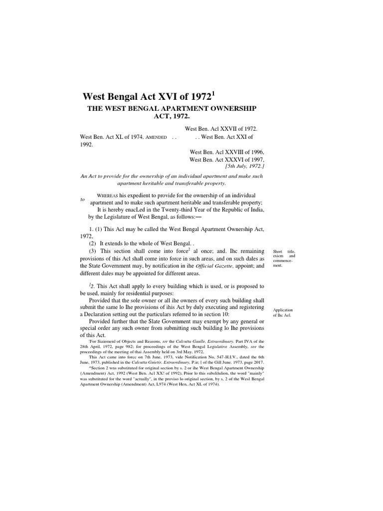 The West Bengal Apartment Ownership Act, 1972 | PDF