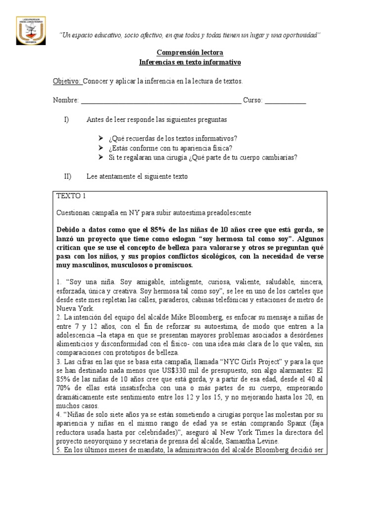 Inferencias Comprensión Lectora Reforzamiento Pdf Belleza