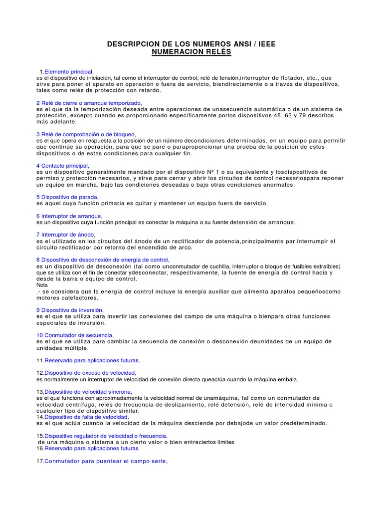Números ANSI/IEEE en Relés y Dispositivos | PDF | Tecnología