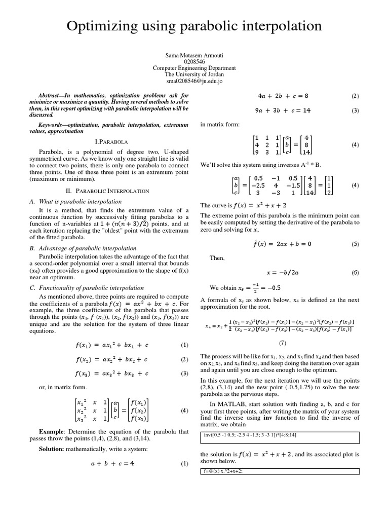 Optimizing Using Parabolic Interpolation - Applied Numerical MATLab Project | Download Free PDF ...