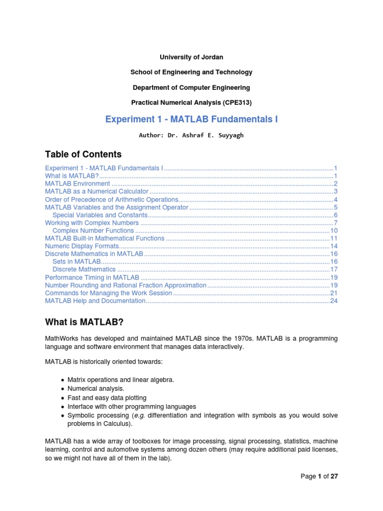 Experiment 1 - MATLAB Fundamentals I | PDF | Matlab | Rounding Experiment 1 - MATLAB Fundamentals I | PDF | Matlab | Rounding