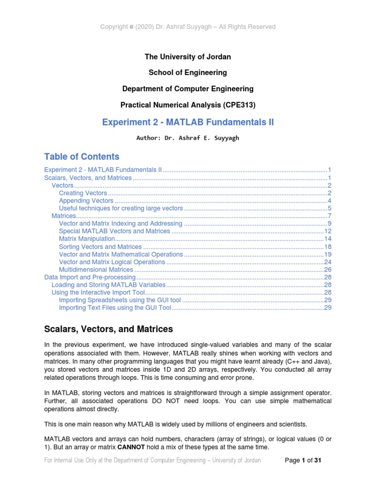 Experiment 2 Matlab Fundamentals Ii Pdf Matrix Mathematics Matlab
