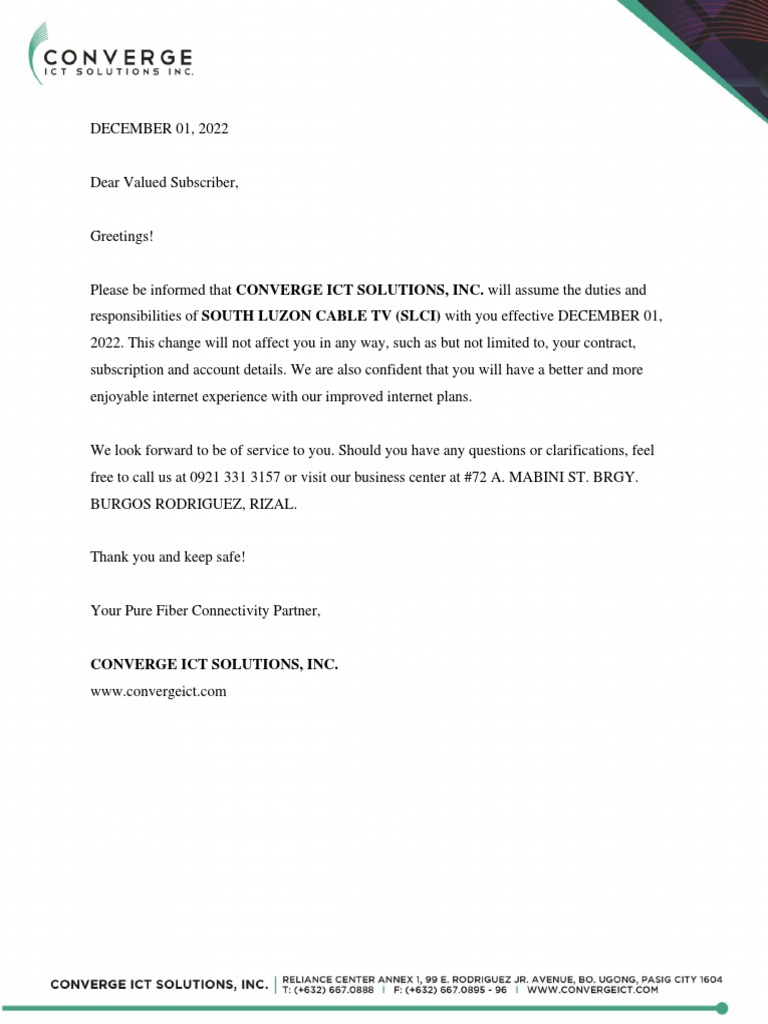 CONVERGE CUSTOMER ADVISORY -1 | PDF