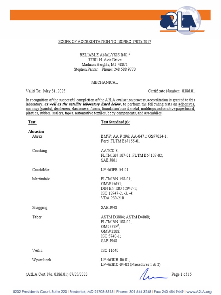 SCOPE OF ACCREDITATION TO ISO/IEC 17025:2017 RELIABLE ANALYSIS INC | PDF