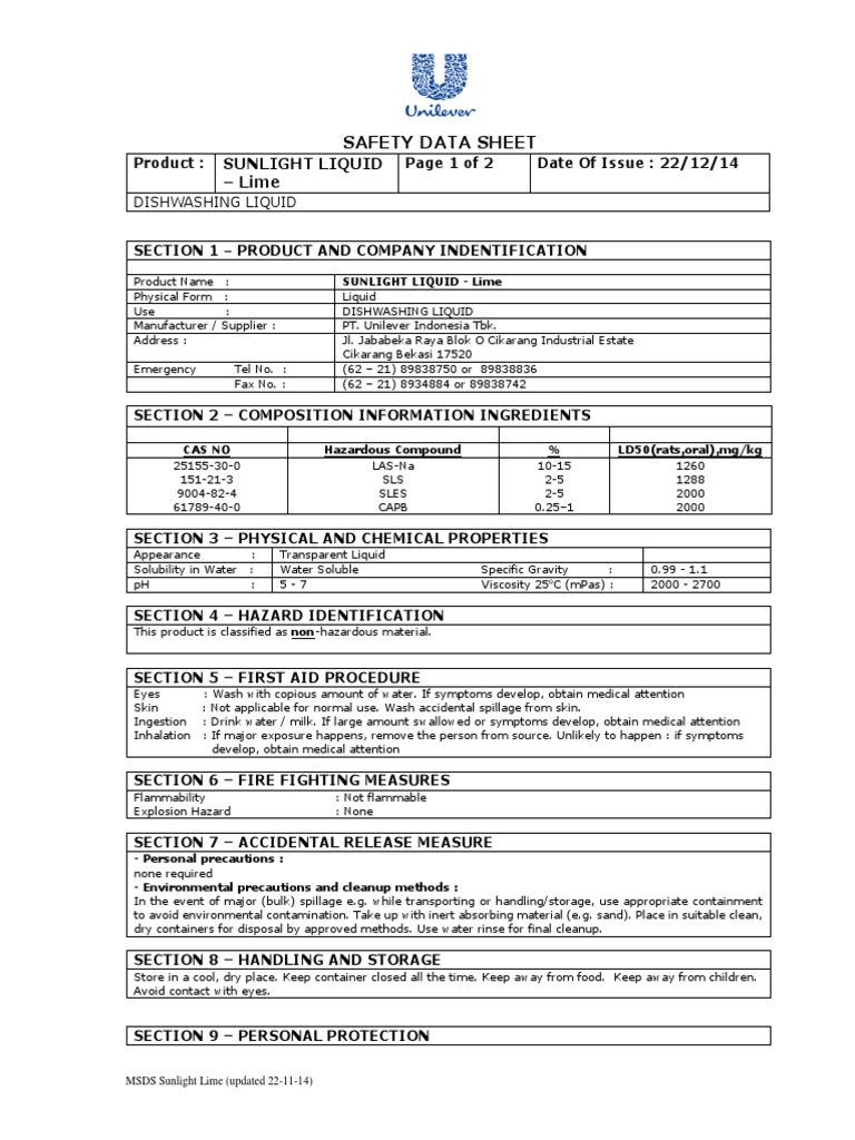 MSDS Sunlight Lime | PDF | Chemistry | Working Conditions