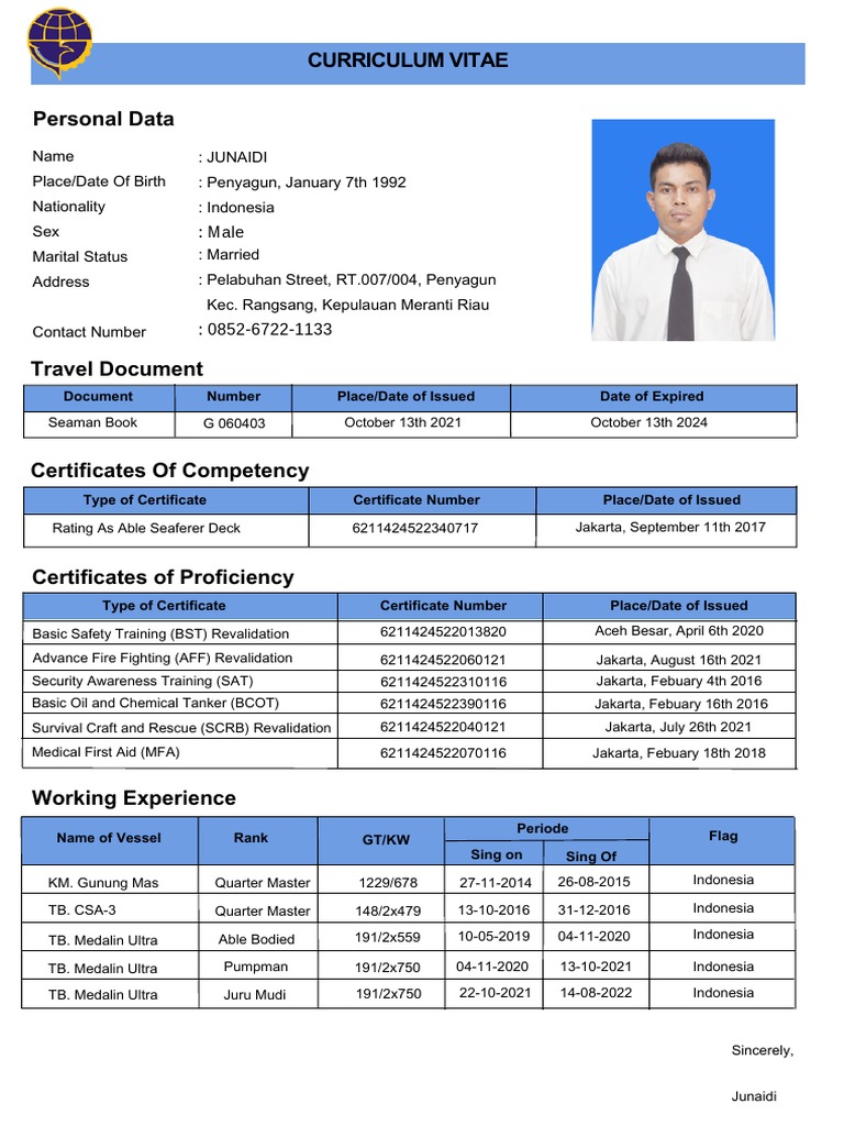 CV Junaidi | PDF | Water Transport | Shipping