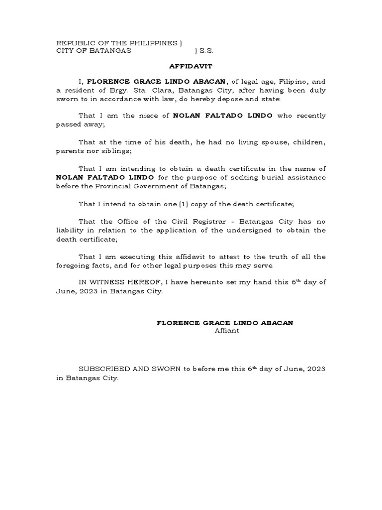 Affidavit - Death Certificate - Abacan | PDF