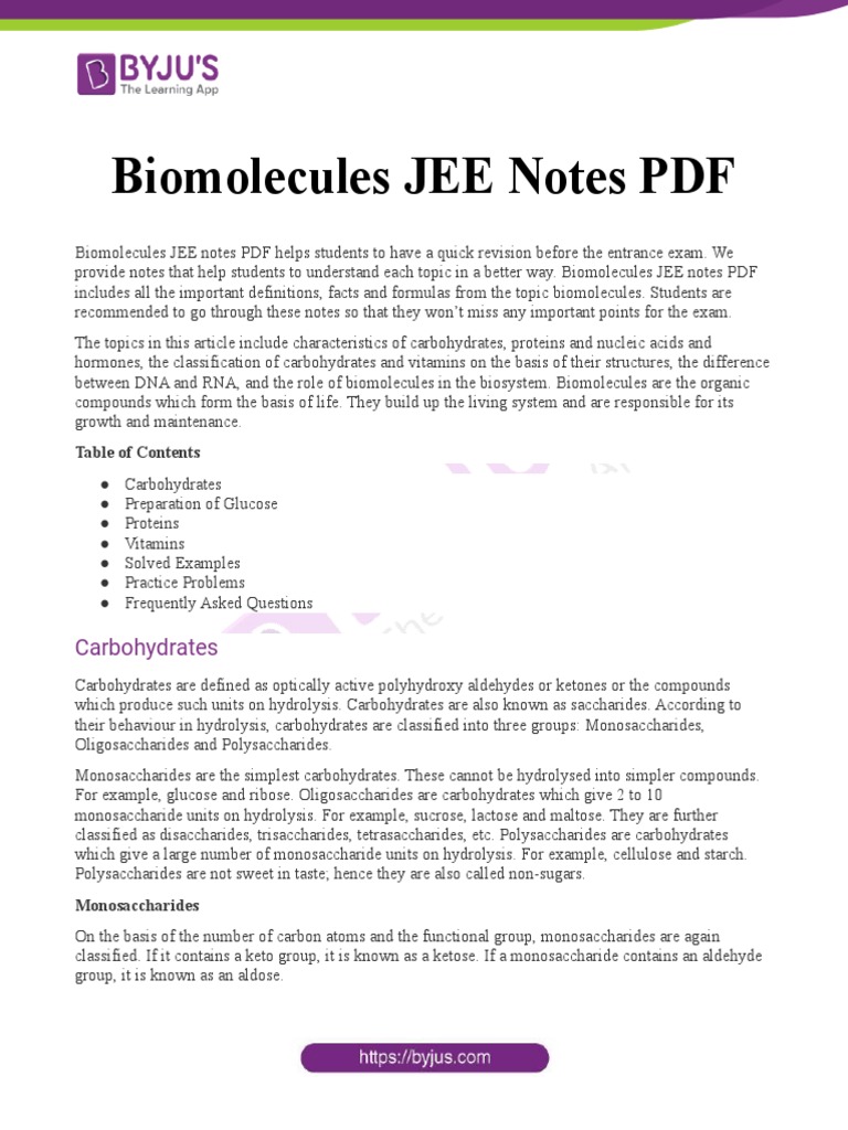 Biomolecules JEE Notes PDF | PDF | Carbohydrates | Glucose